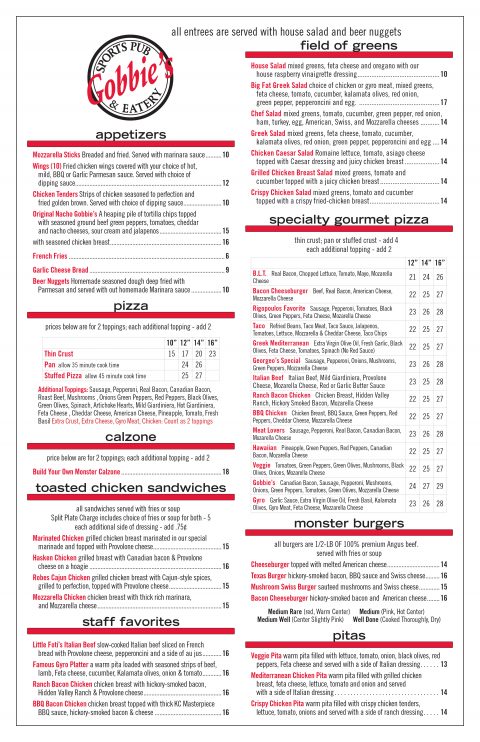 Gobbie’s Menu – Gobbie's Sports Pub & Eatery