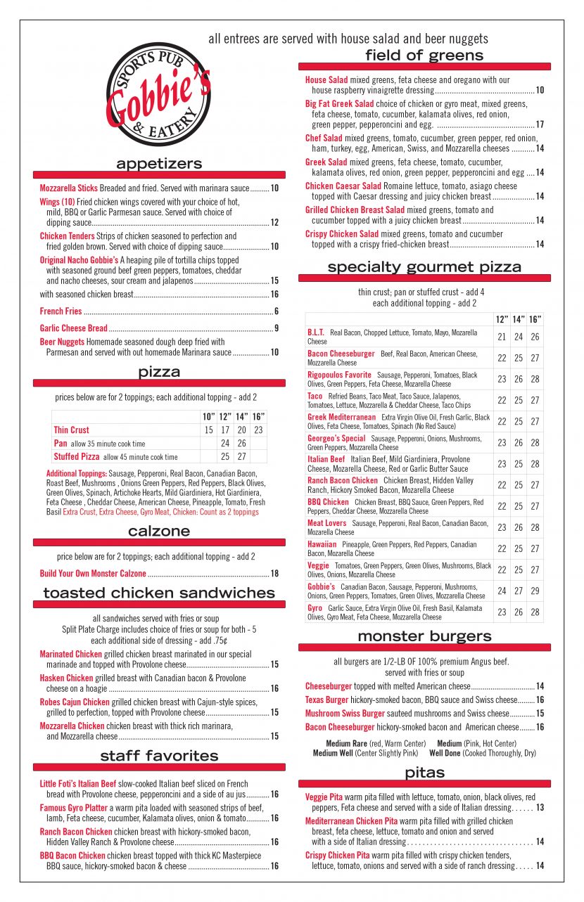 Gobbie’s Menu – Gobbie's Sports Pub & Eatery